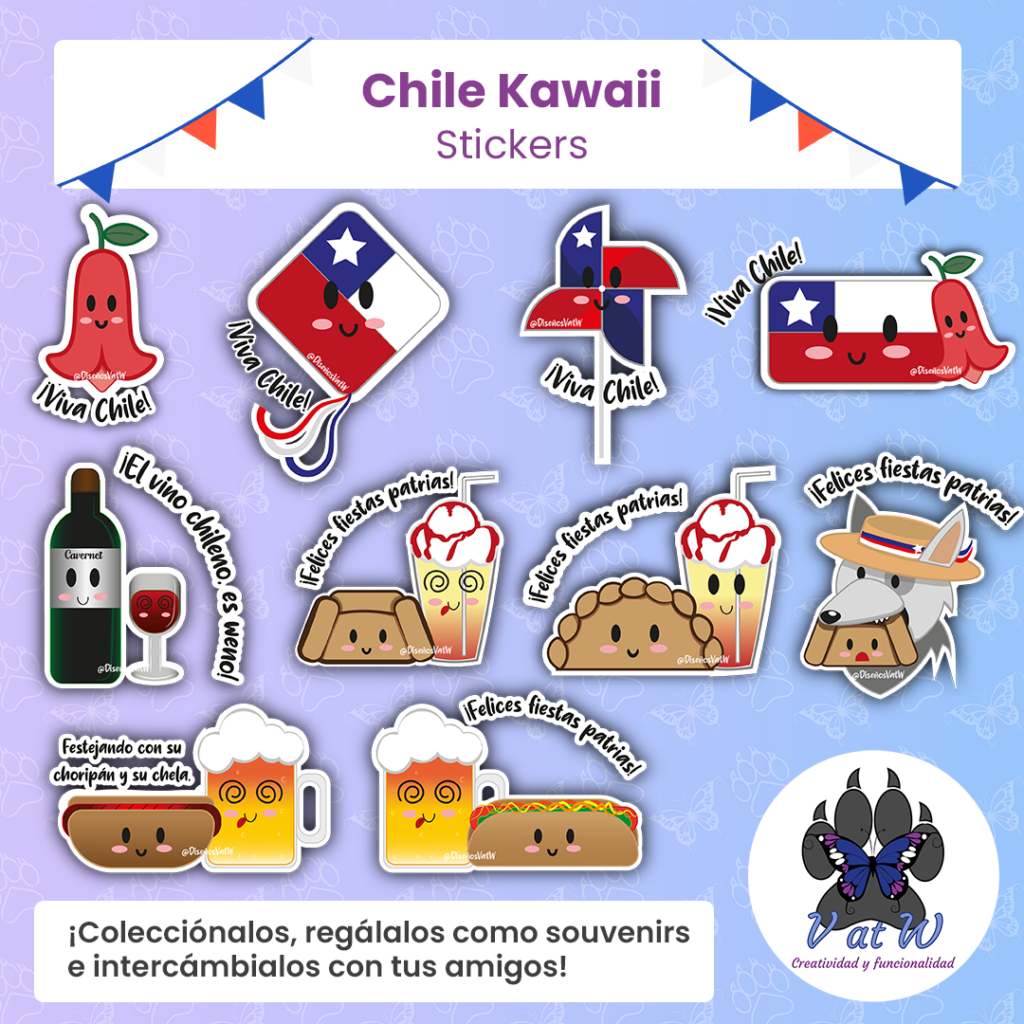Chile kawaii Stickers - Diseños V at W